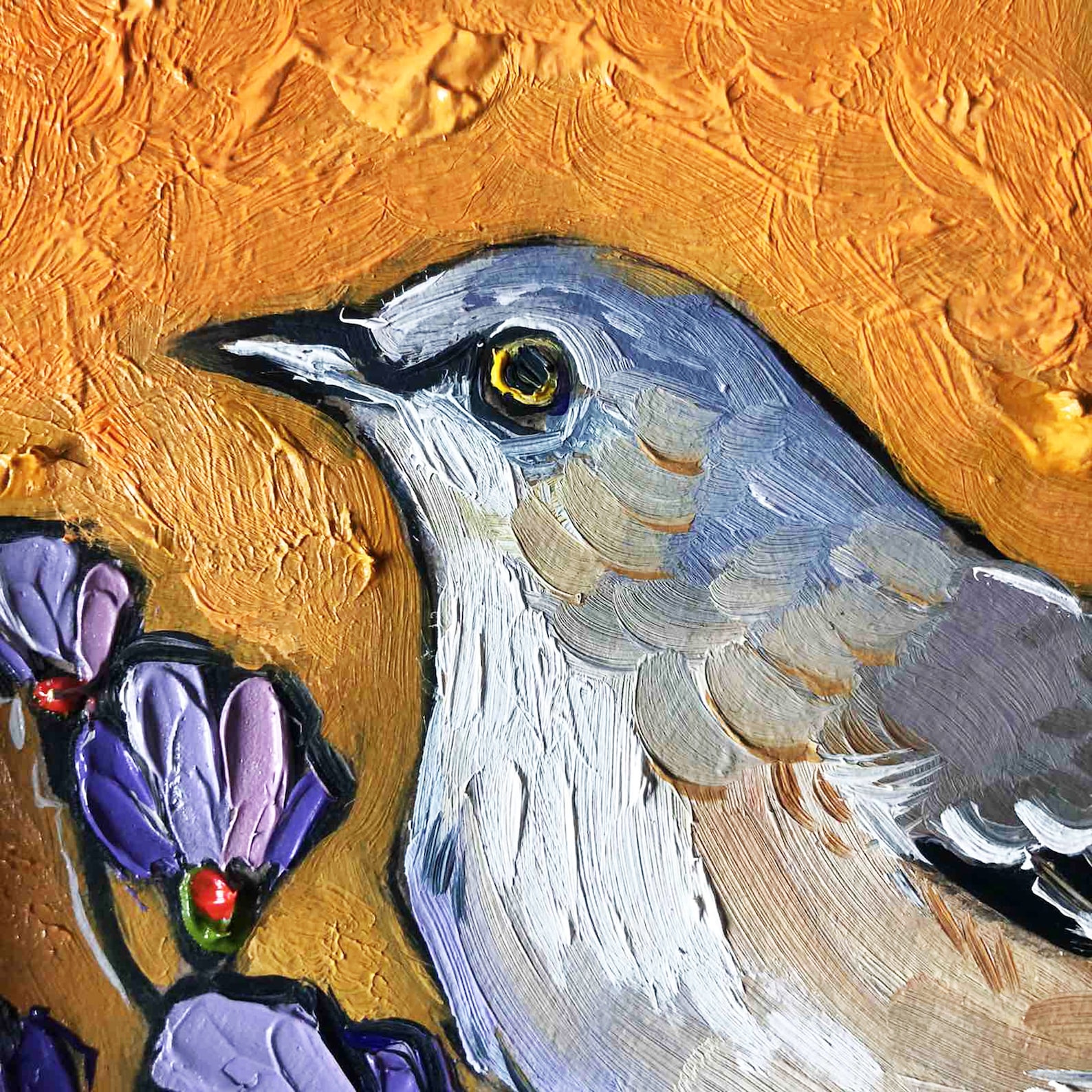 Mockingbird Painting Bird Original Art Flowers Oil Artwork | Etsy