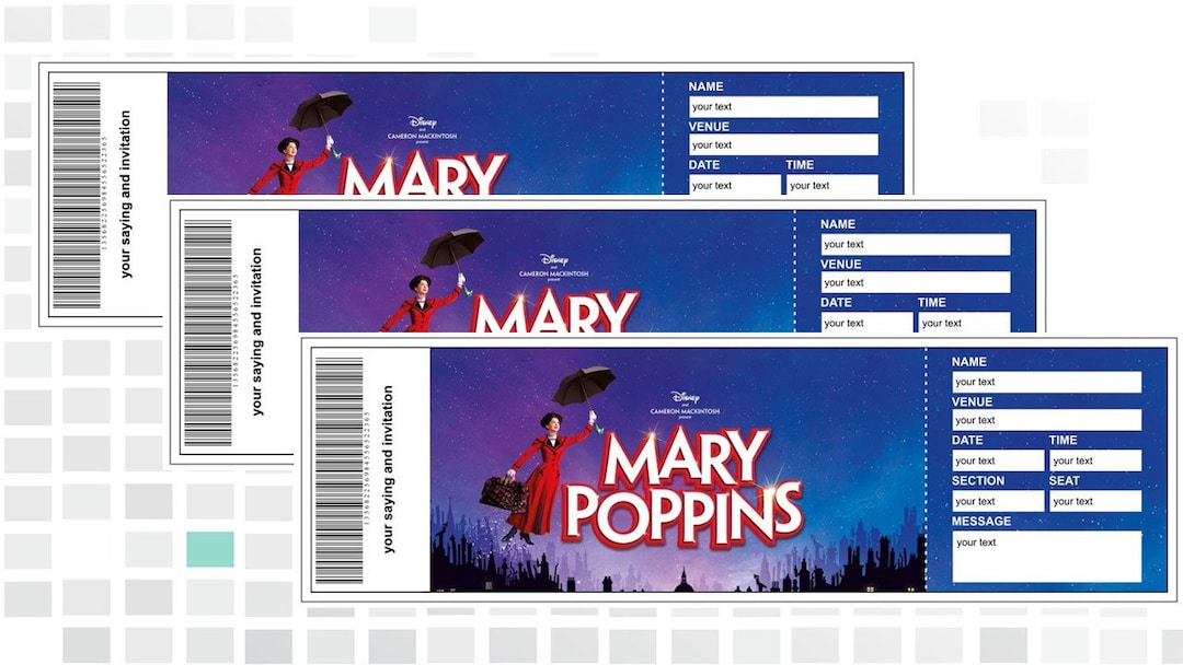 Birthday Invitation, Broadway Ticket, Mary Poppins, Surprise Ticket, Theatre Ticket, Concert ...