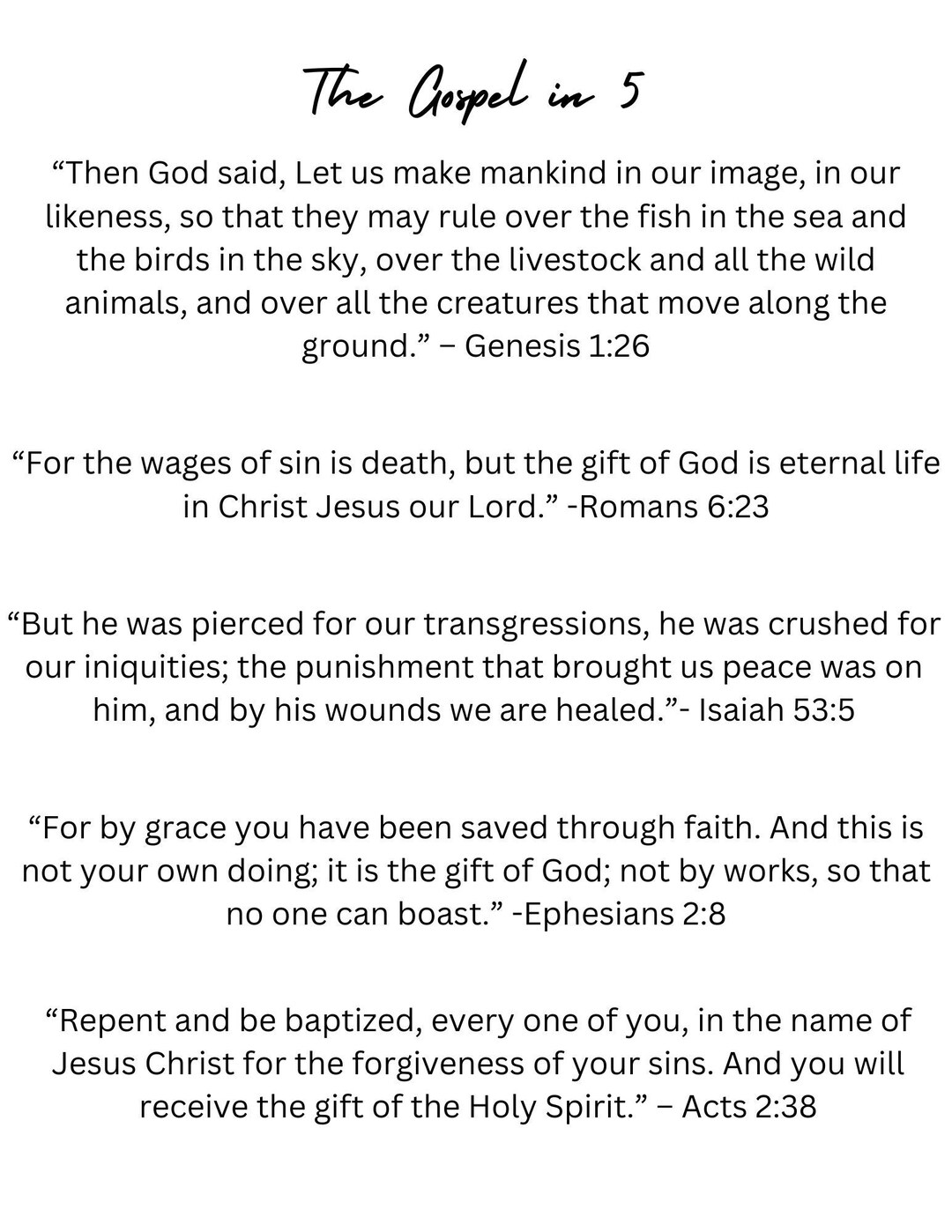 The Gospel in 5 Printable. - Etsy
