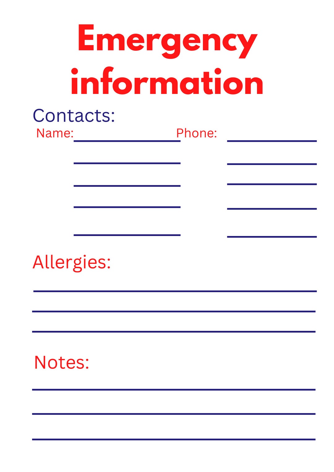 Emergency Refrigerator Sheet PDF Download Printable - Etsy