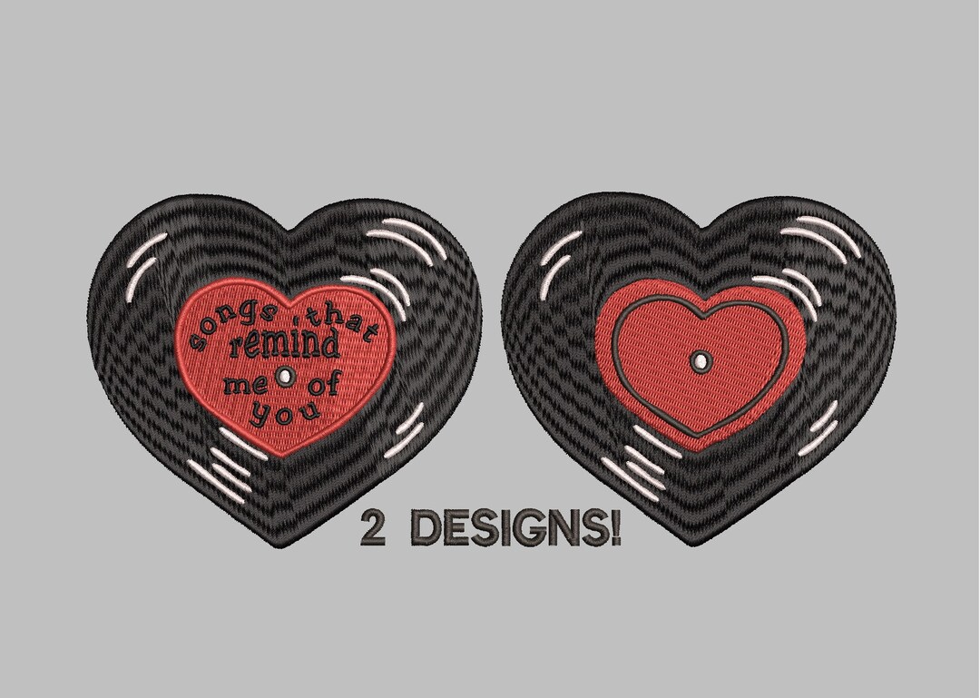 2 Love Heart Record Embroidery Designs - PES, JEF, DST File - Instant ...