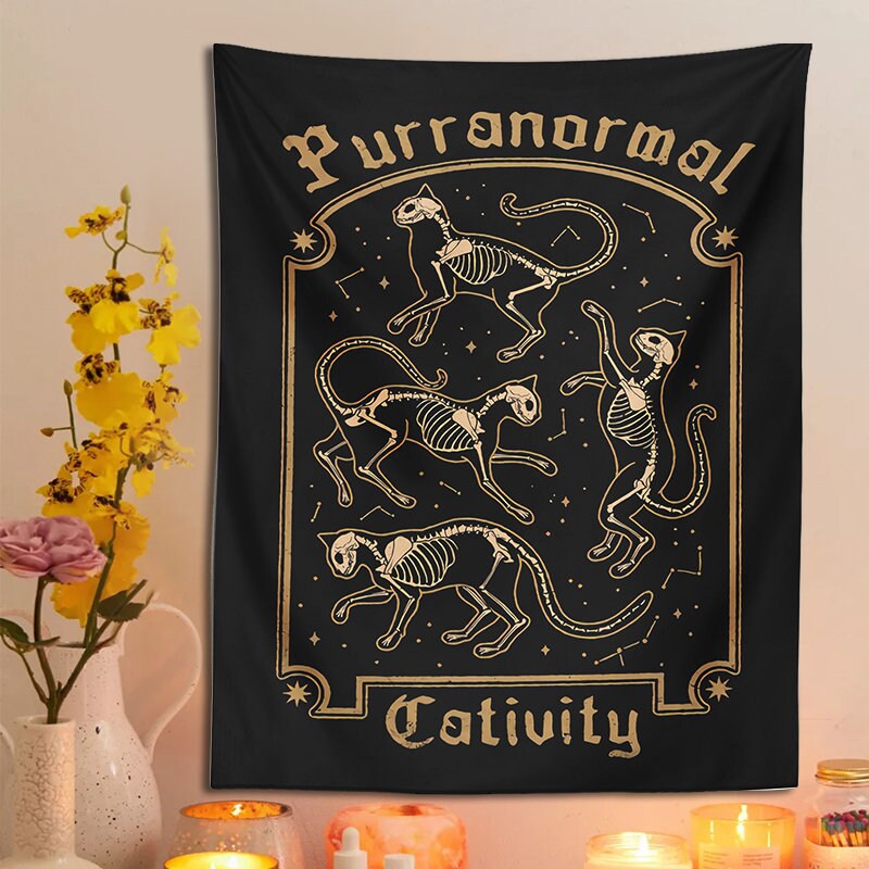 Coven Cat Skull Mysterious Witchcraft Tapestry Skeleton Wall Hanging ...