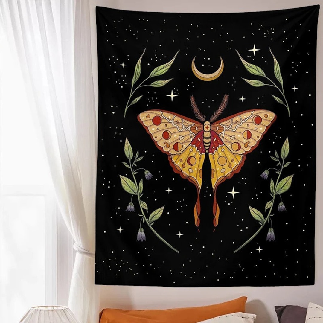 Nature Moth Goddess Inspired Moon Phase Botanical Tapestry, Moon and ...