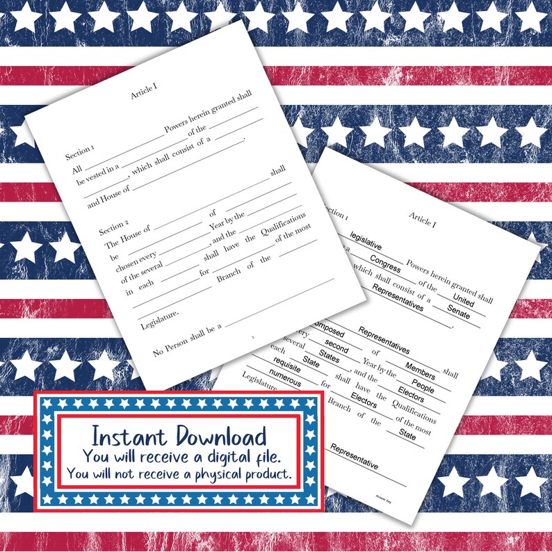 U.S. Constitution Printable Worksheet, Fill-in-the-blank Constitution ...