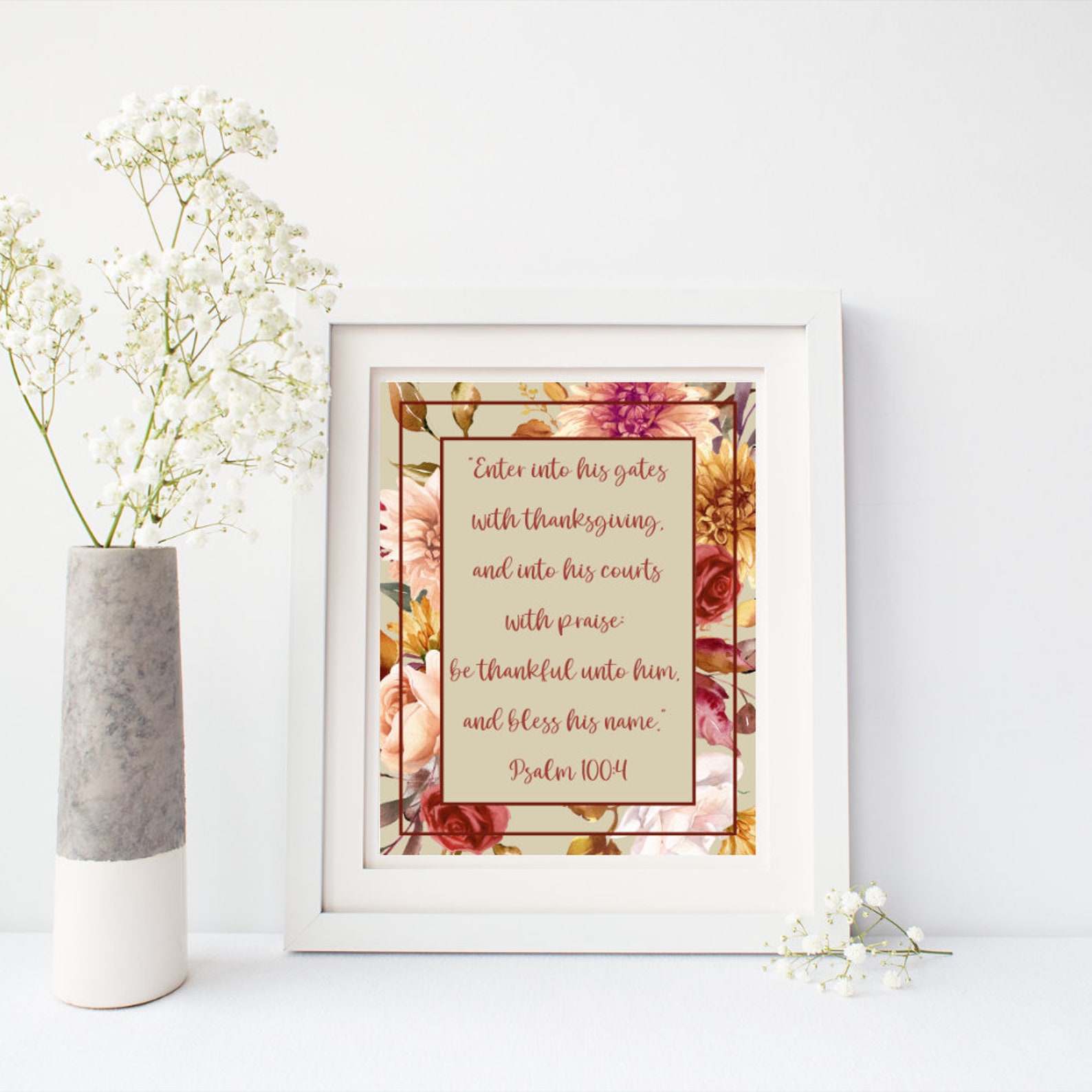 Bible Verse Floral Printable, Psalm 100:4, Printable Home Decor, Autumn ...