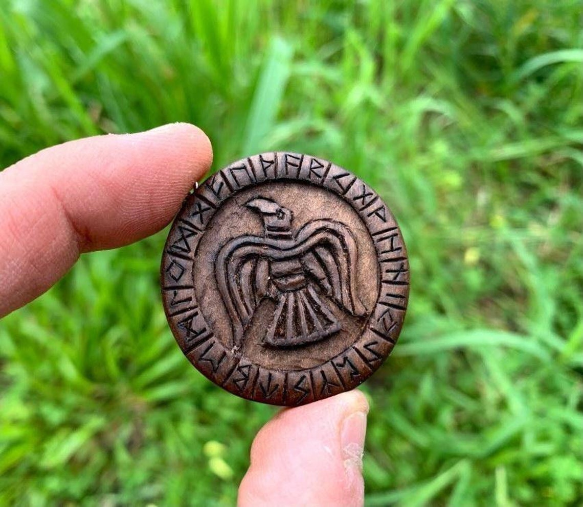 Odin's Raven Runes Hand Carved Wooden Pendant Viking | Etsy
