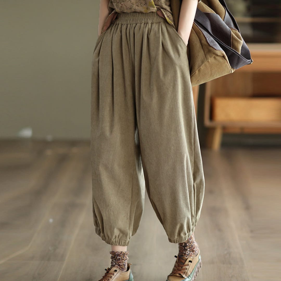 Ginger Corduroy Pants, Vintage Wide Leg Pants, Women's Elastic Waist ...