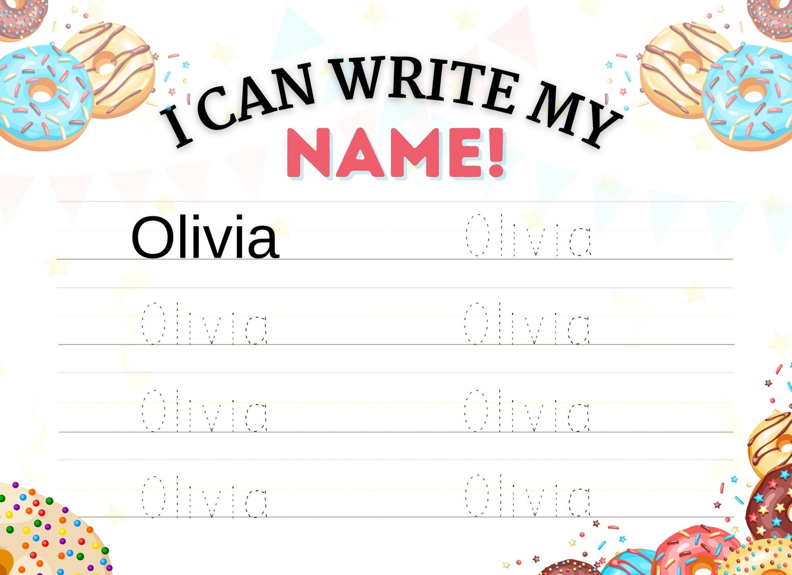 Olivia Printable Name Tracing Practice Sheet / Donut Themed | Etsy