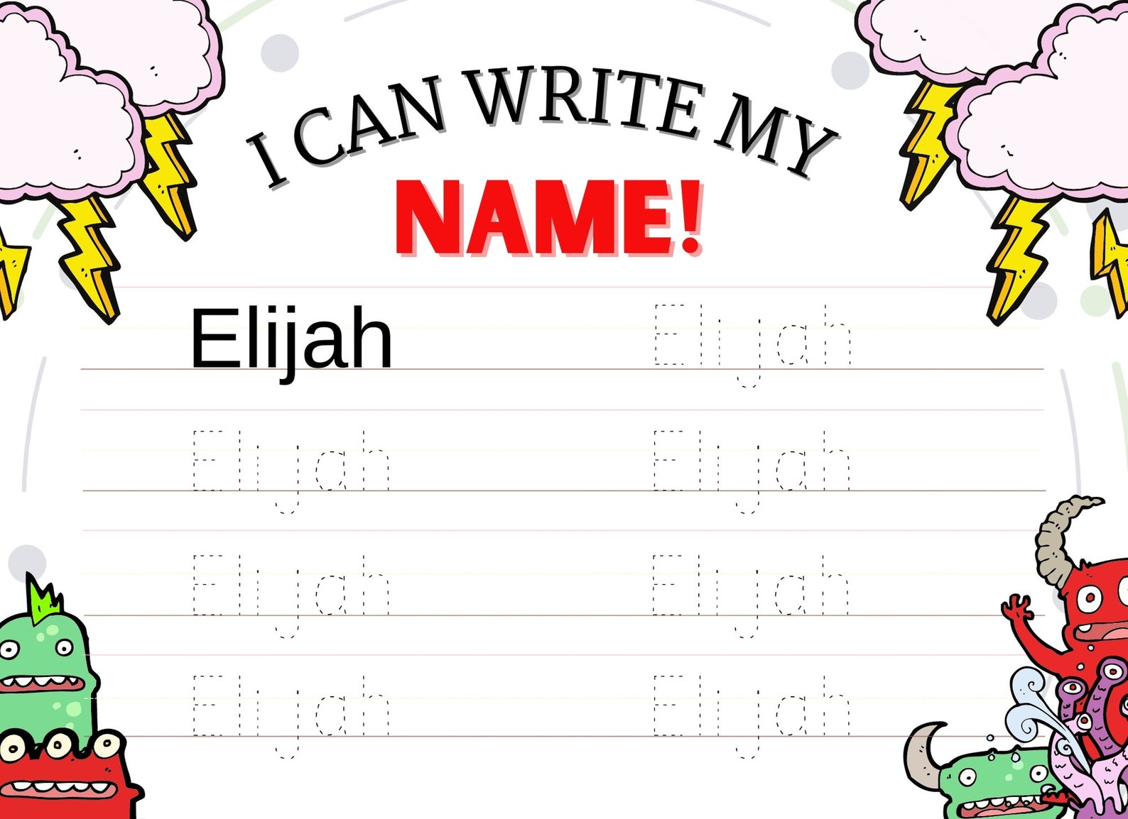 Elijah Printable Name Tracing Practice Sheet / Monster Themed | Etsy