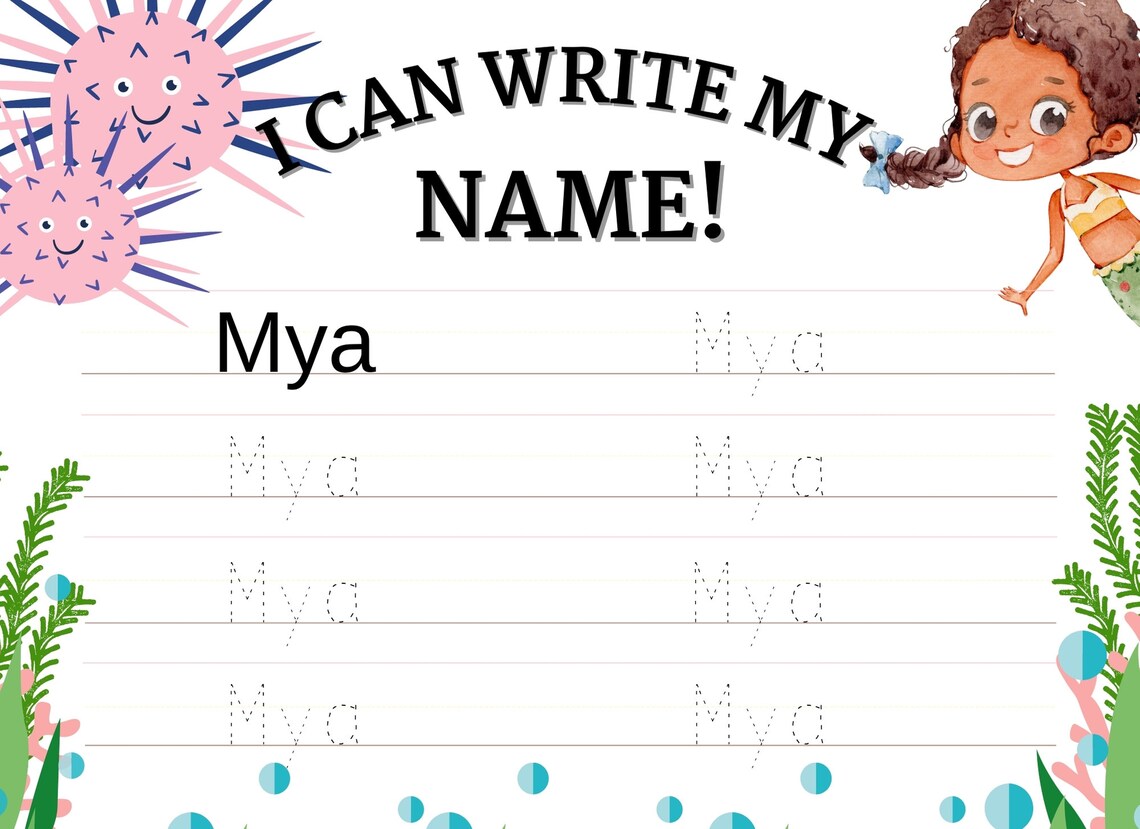 Mya Printable Name Tracing Practice Worksheet/ Mermaid Themed | Etsy