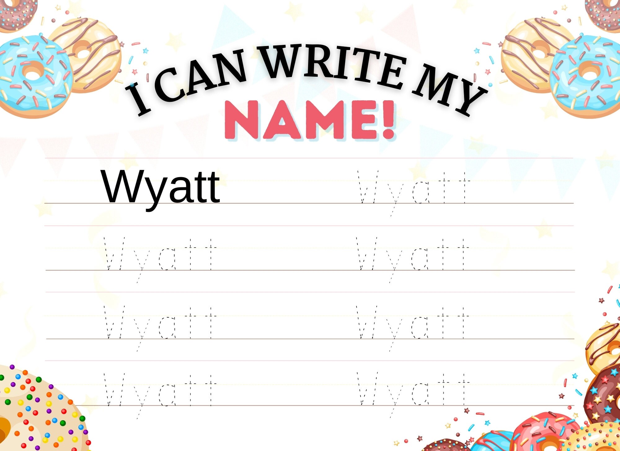 Wyatt Printable Donut Name Tracing Practice Sheet / Kids | Etsy