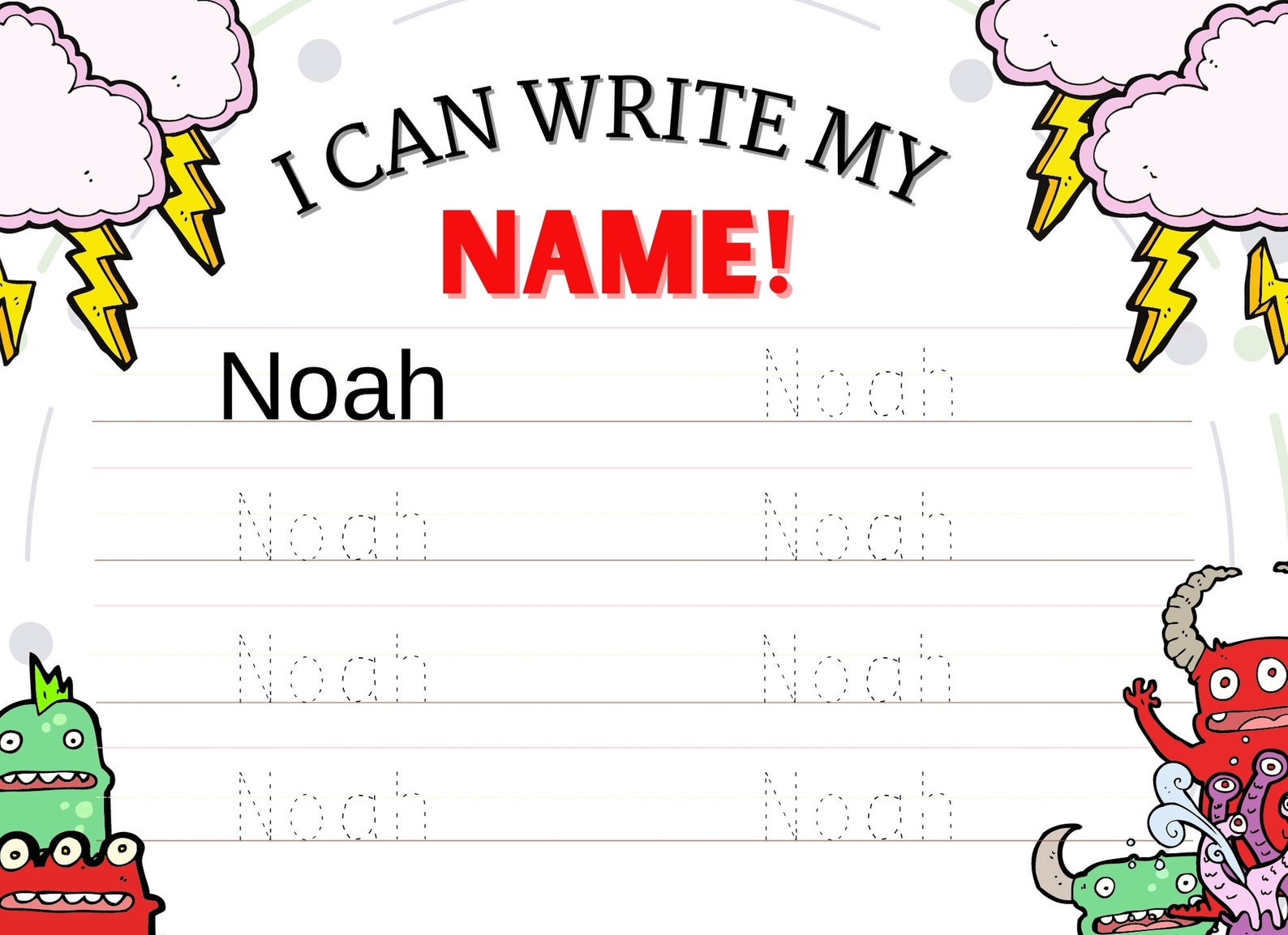 Noah Printable Name Tracing Practice Sheet / Monster Themed | Etsy Noah Printable Name Tracing Practice Sheet / Monster Themed | Etsy