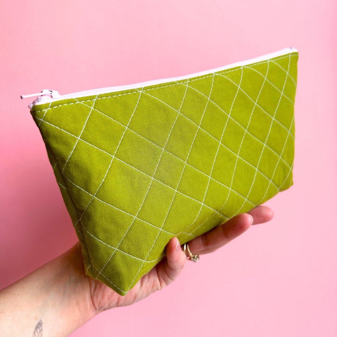 Green Quilted Zipper Pouch Repurposed Fabric Upcycled Make Up Bag Mid