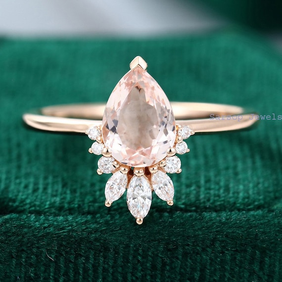 Pear Shaped Morganite Engagement Ring Rose Gold Uniqu… Gem