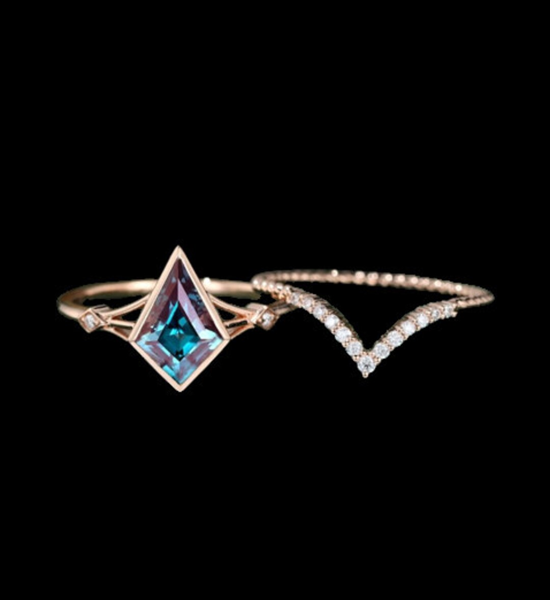 Kite Cut Alexandrite Engagement Ring Set Unique Rose Gold Engagement ...