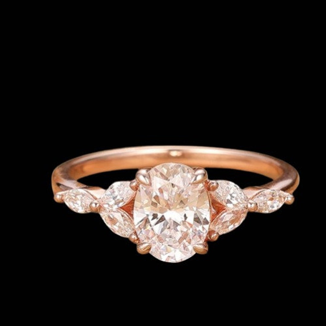 Oval Moissanite Engagement Ring Vintage Unique Cluster Ring Rose Gold ...