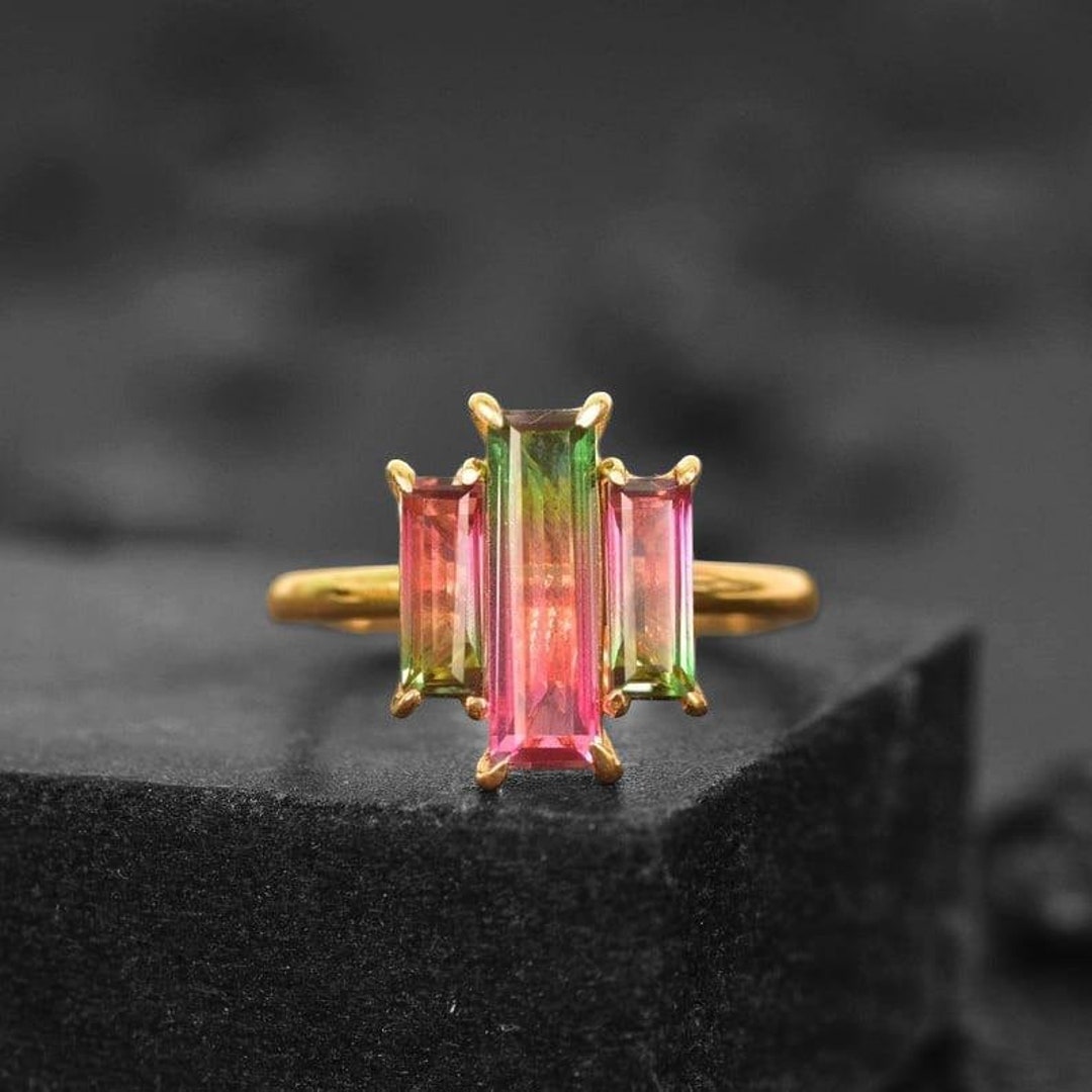 Watermelon Tourmaline Ring, Baguette Engagement Ring, Pink Green Three ...