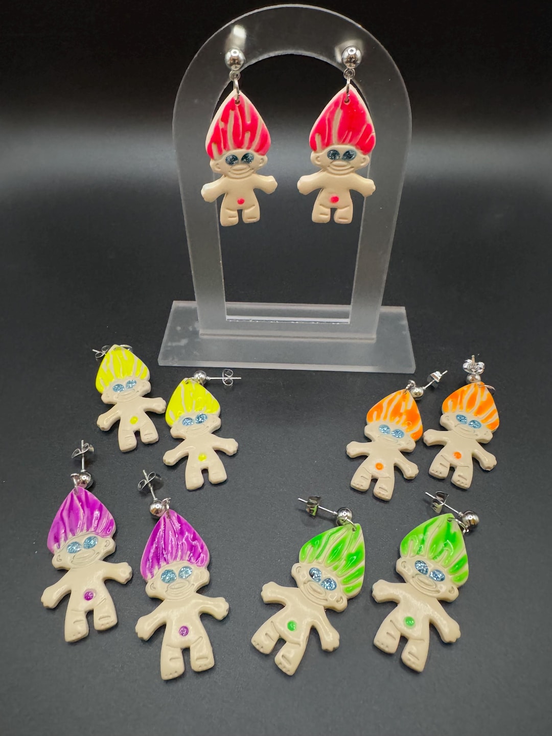 Handmade Clay Earrings Retro Neon Troll Doll Yellow Orange Pink Purple ...