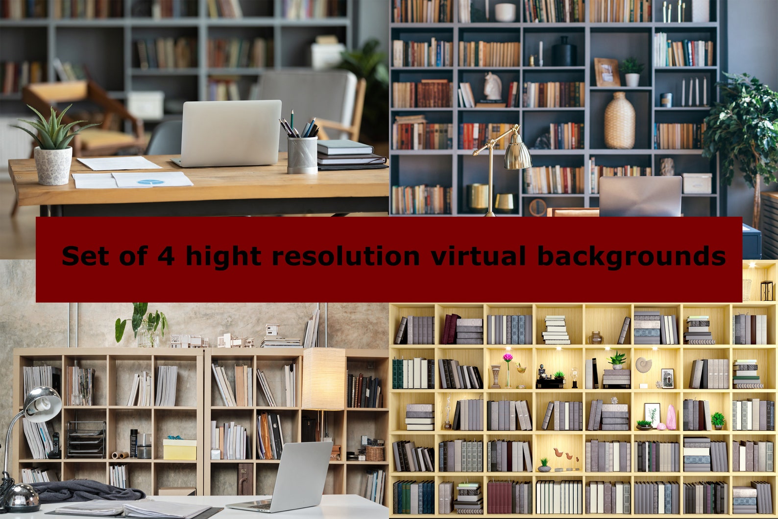 Zoom Backgrounds Set of 4, Bookshelves Background Bundle, Virtual ...