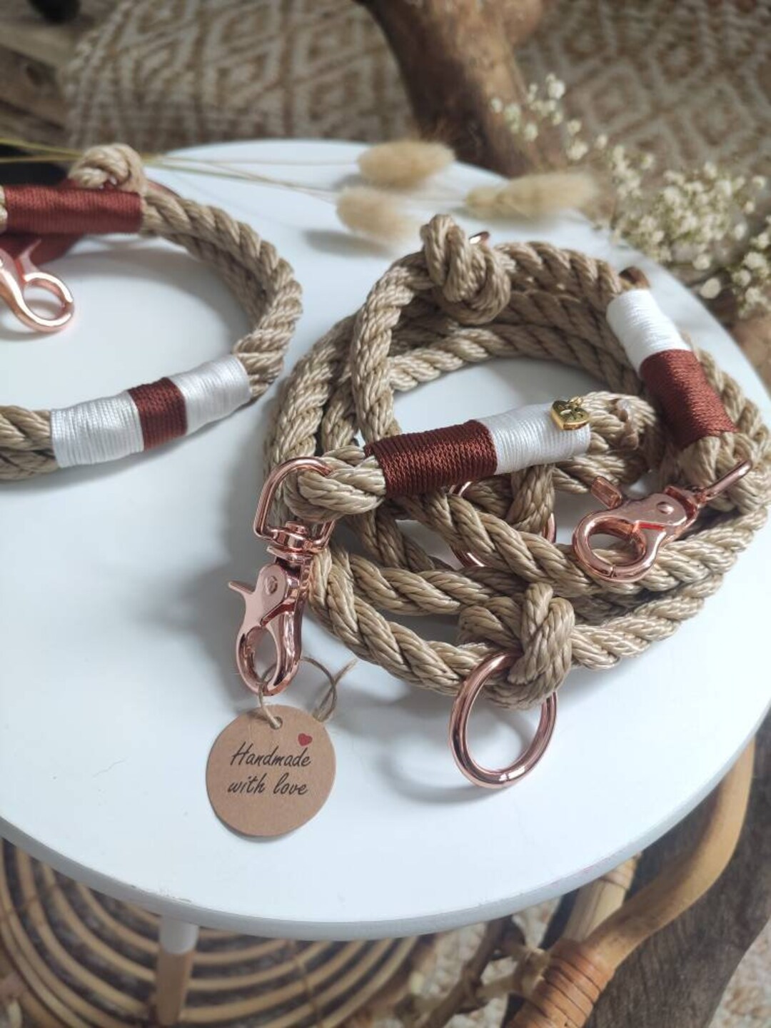 Rope Dog Leash Collar Set in Beige and Rust Red | SET FELDLIEBE - Etsy