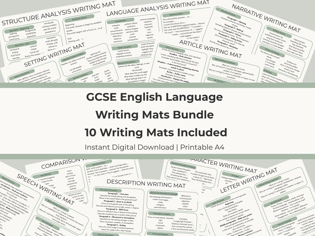 GCSE English Language Writing Mats Bundle | 10 Printable Writing Mats ...