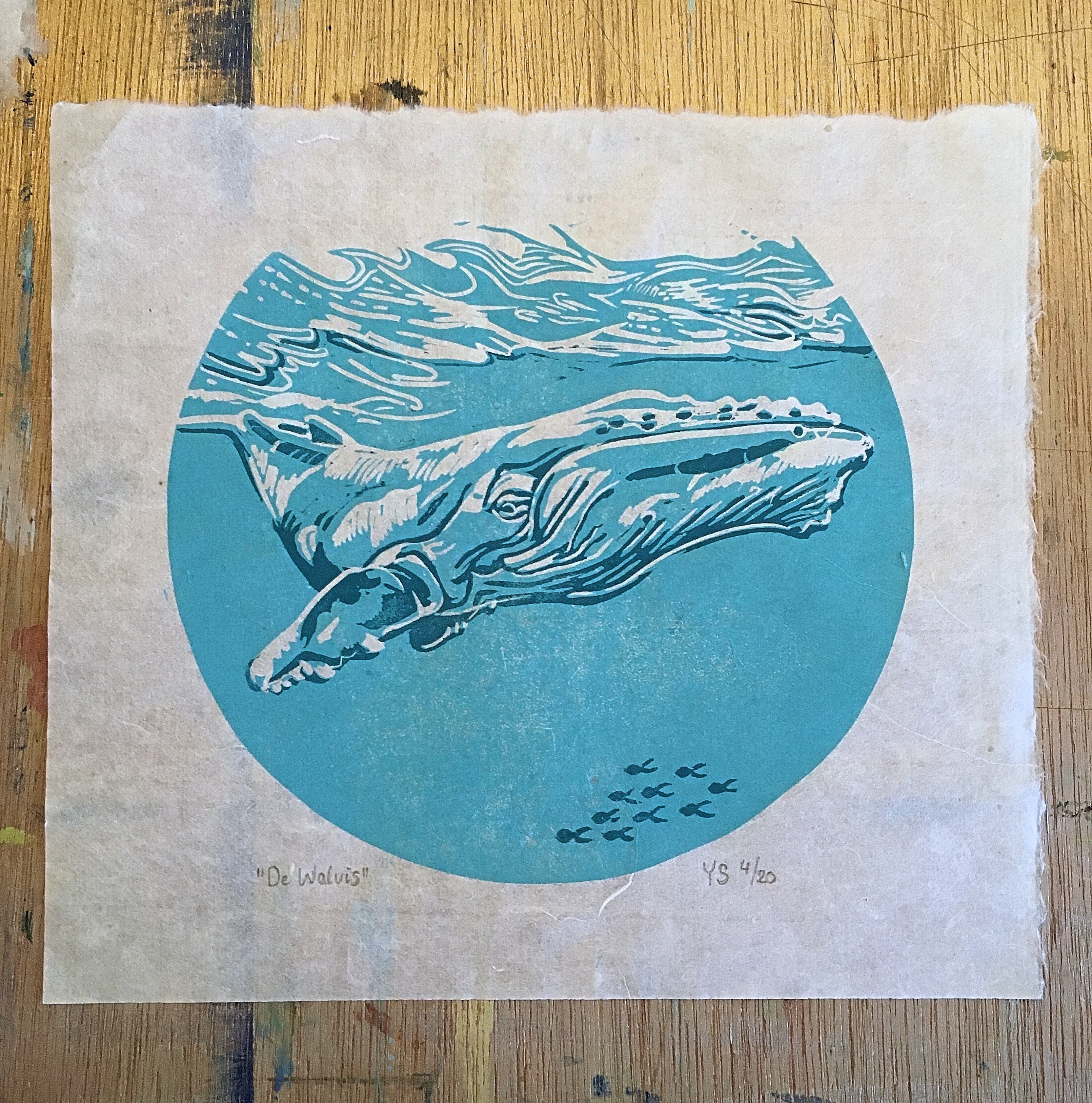 Lino Reduction Print – Whale – Original Linocut – Turquoise and Blue ...