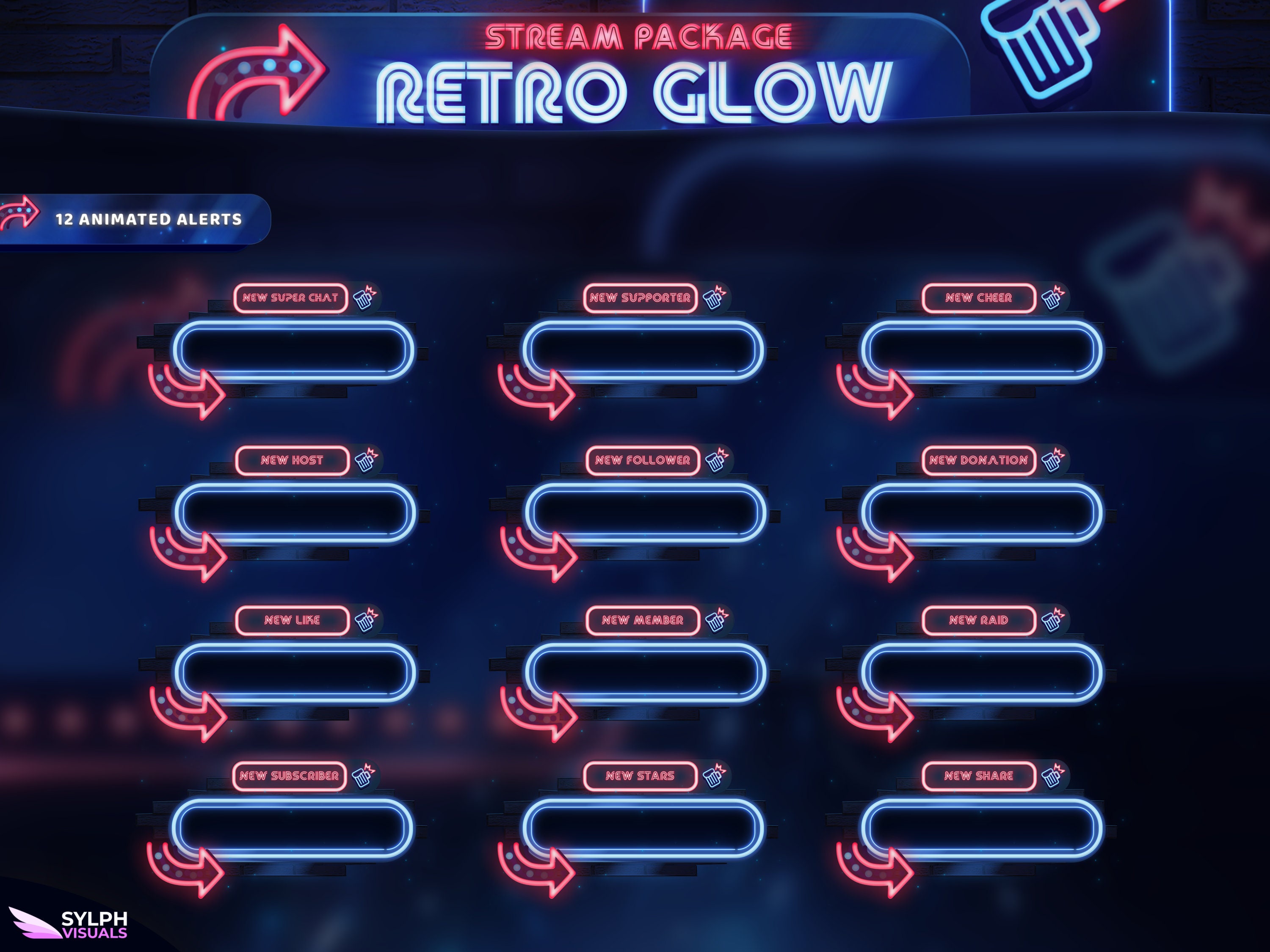 Retro Glow - Twitch Overlay - Animated Alerts - Animated Screens - Neon ...