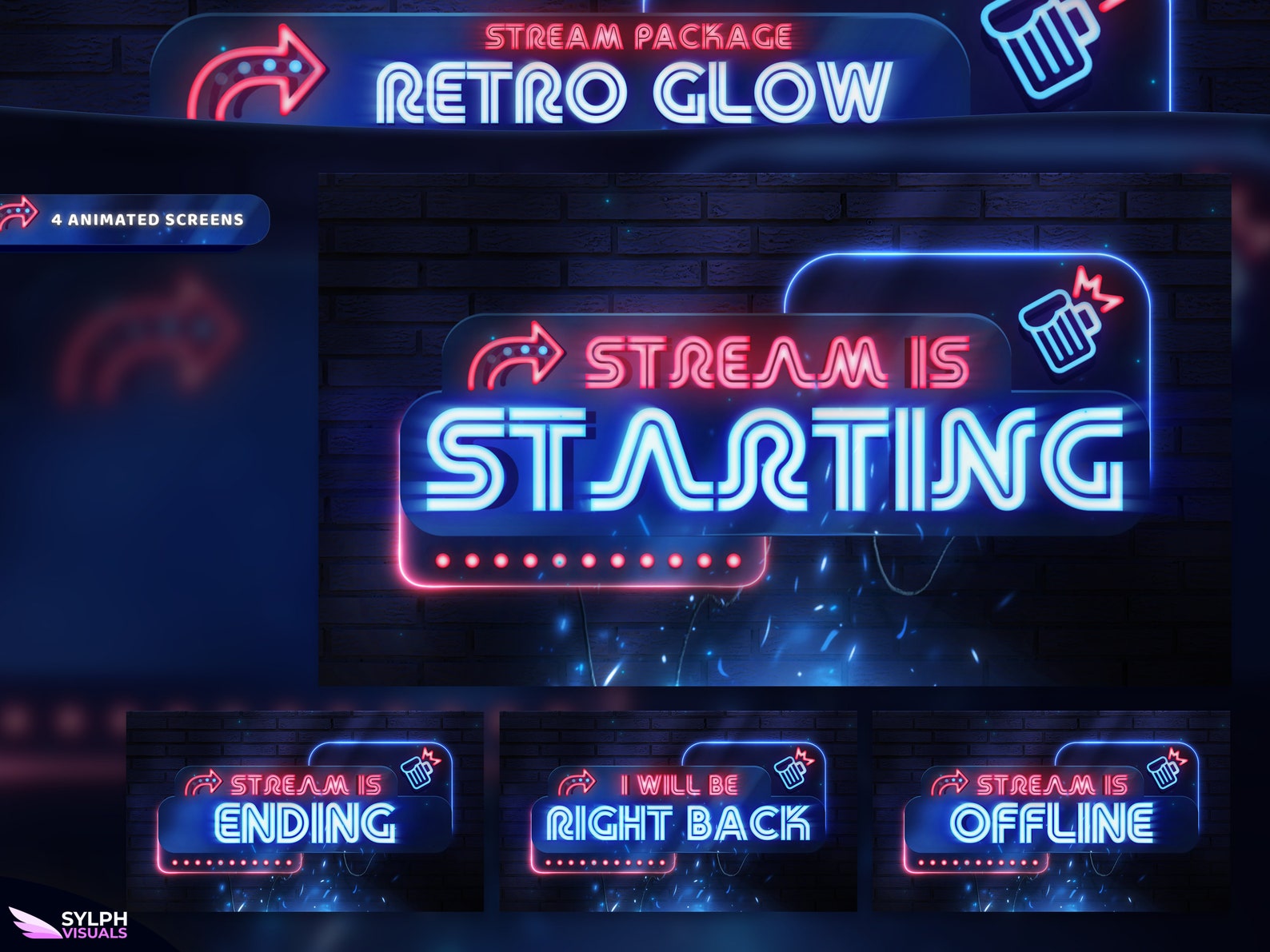 Retro Glow - Twitch Overlay - Animated Alerts - Animated Screens - Neon ...