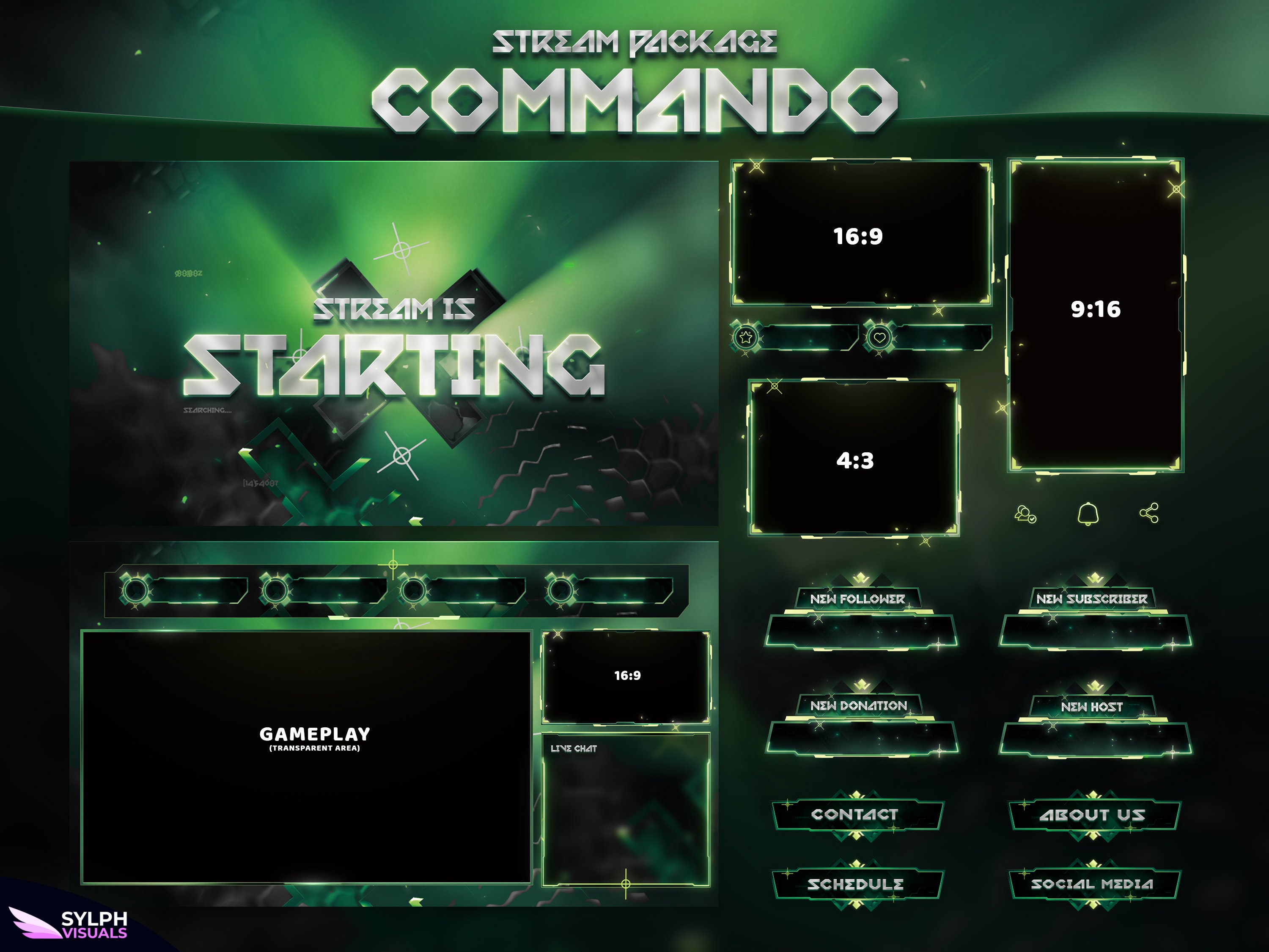 Commando Twitch Overlay Animated Alerts Animated Screens Green Overlay ...