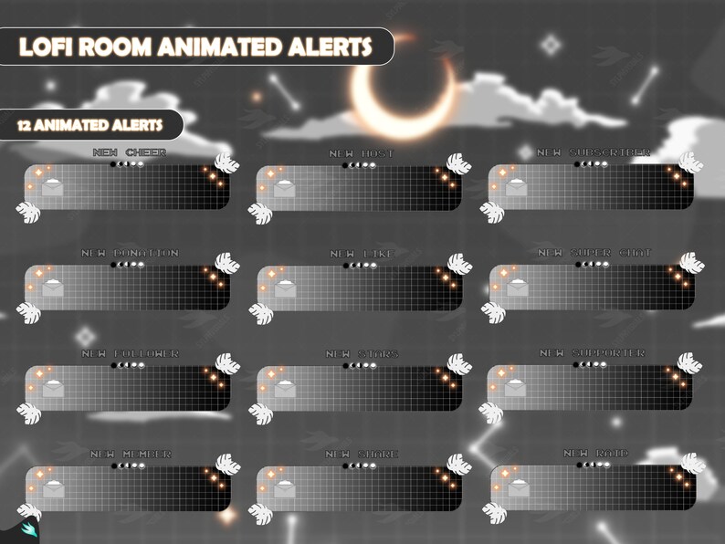 Twitch Animated Alerts Lunar Lofi Dark Mode Animated Alerts Retro Alerts Stream Alerts Cute ...