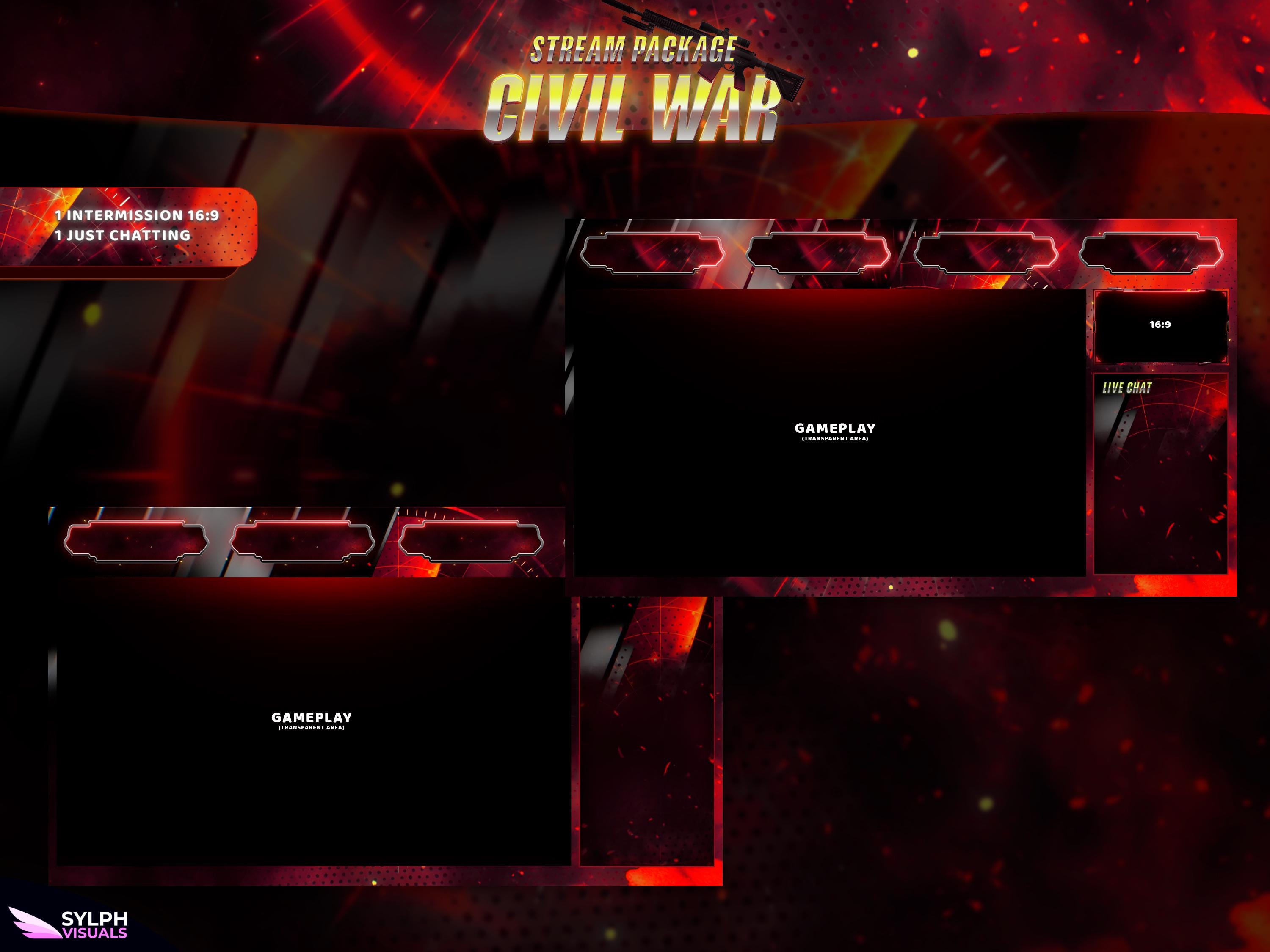 Civil War - Twitch Overlay - Animated Alerts - Animated Screens - Red Overlay - Weapon - Bullet ...