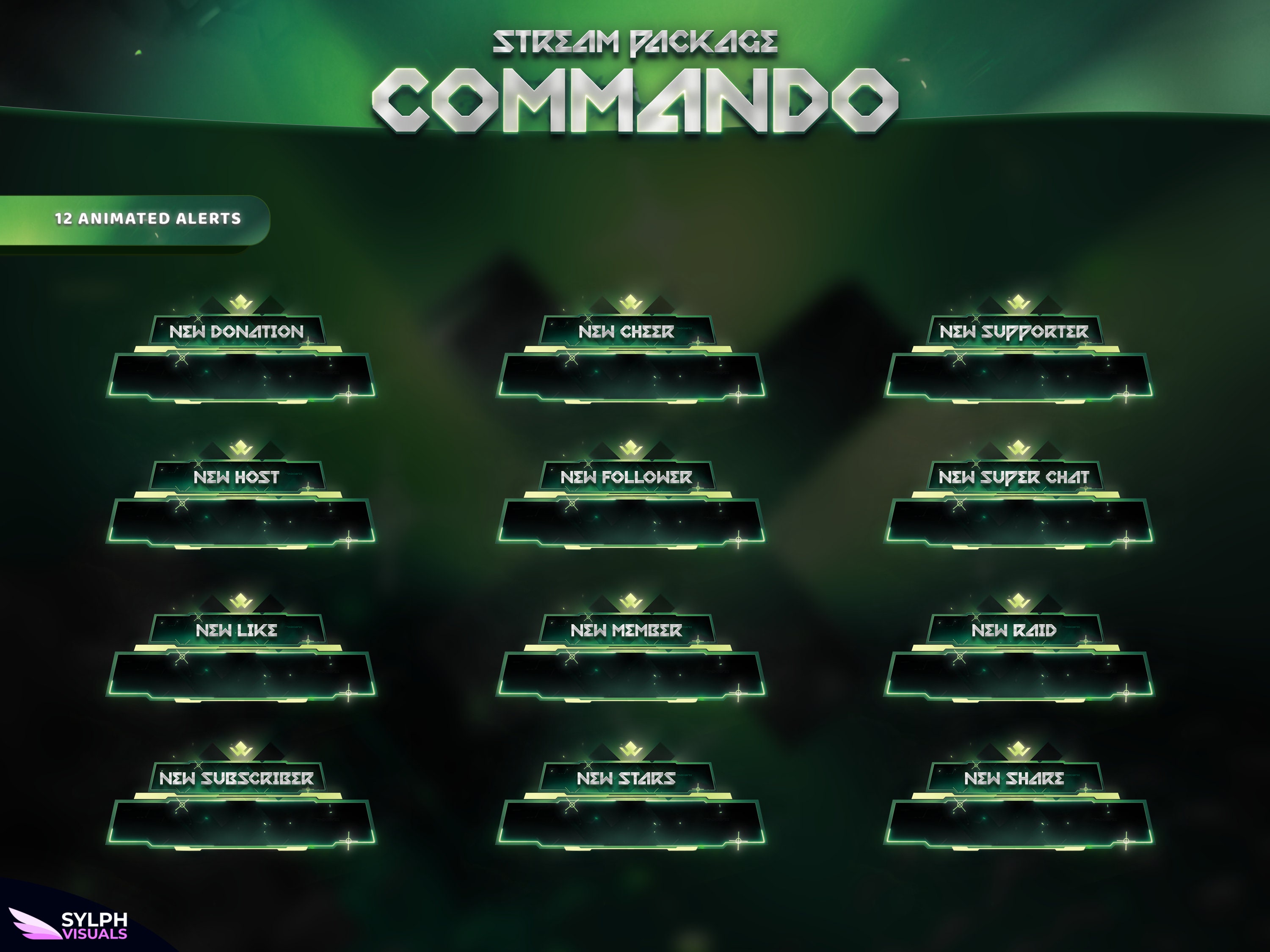 Commando Twitch Overlay Animated Alerts Animated Screens Green Overlay ...