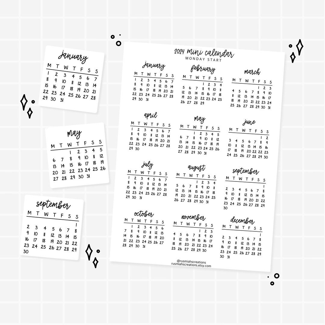 2024 Mini Calendar Sticker Sheet 4.61 X 6.31 Bullet Journal Monthly ...