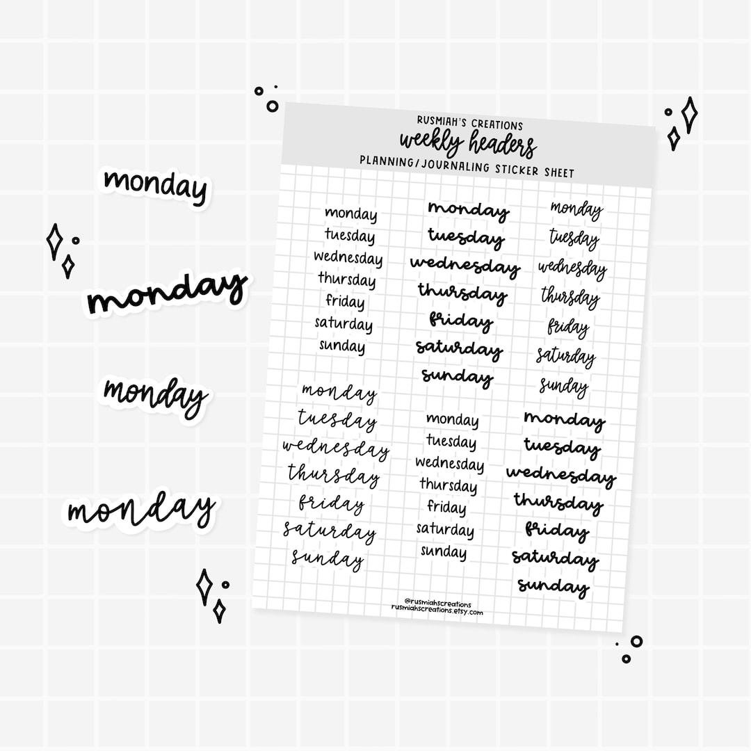 Weekly Header Sticker Sheet 4.61 X 6.31 Bullet Journal Aesthetic Dainty ...