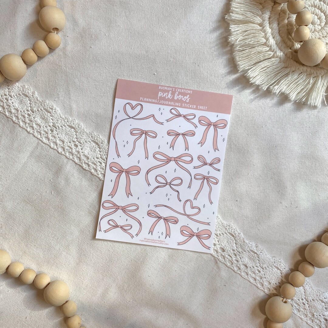 Pink Bows Sticker Sheet 4.61 X 6.31 Ribbons Aesthetic Dainty Planning ...