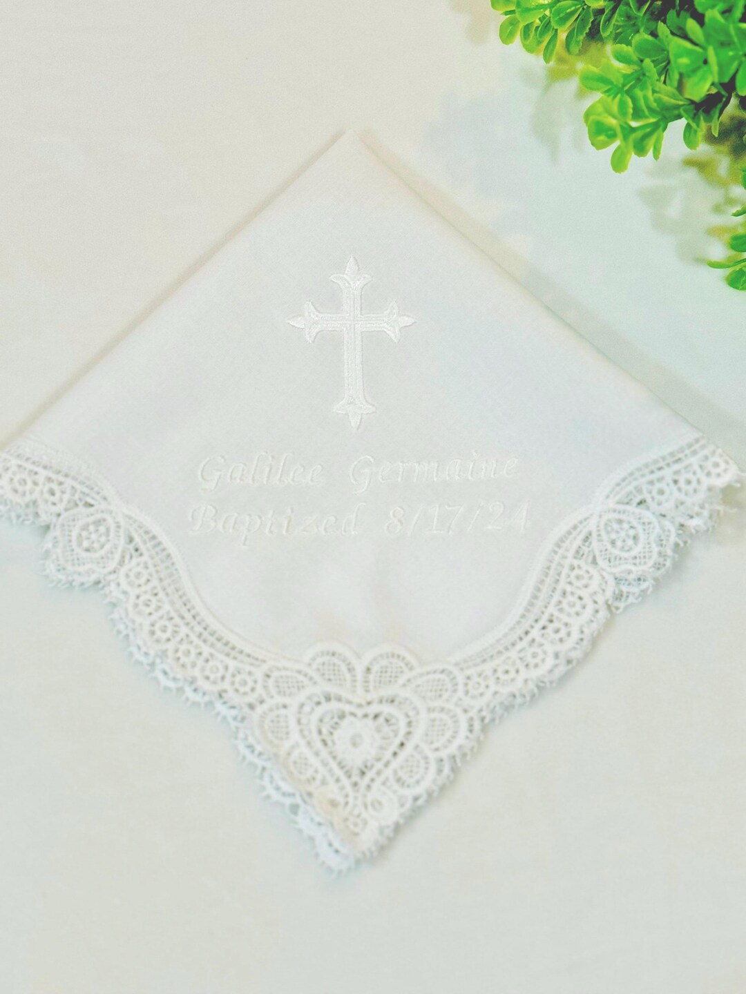 Personalized Embroidered Baptism Handkerchief: Lace Cotton Christening ...