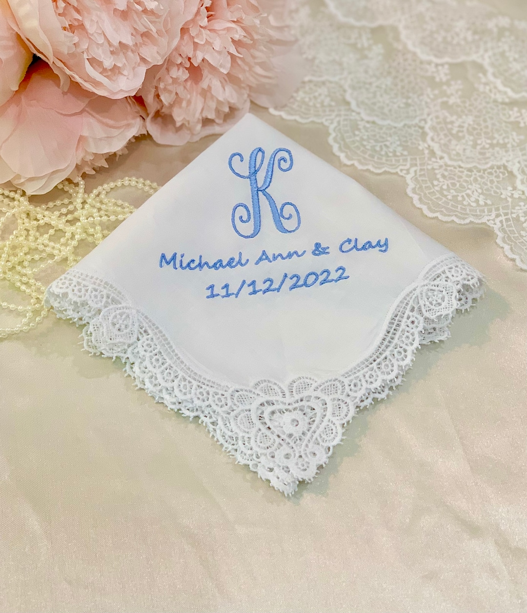 Monogrammed Wedding Handkerchief, Bridal Hankie, Embroidered Wedding ...