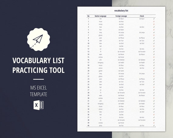 Excel Vocabulary List Vocabulary Word Practice Tool - Etsy