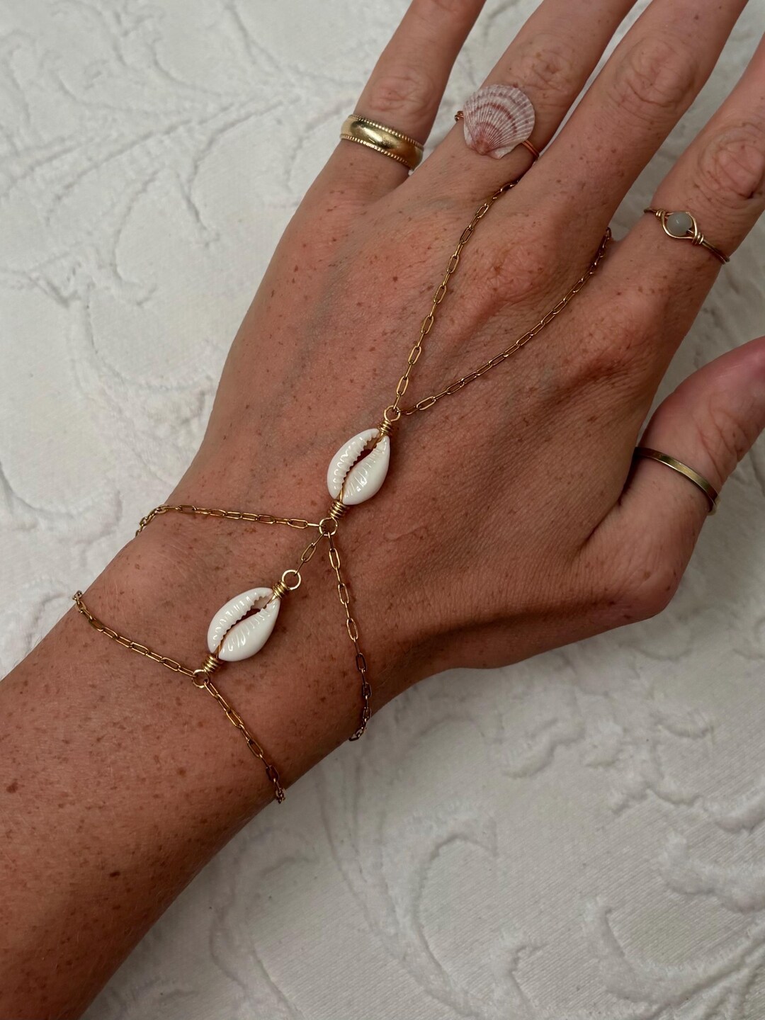 Cowrie Shell Hand Chain Bracelet | 18k Gold Plated Coastal Boho ...