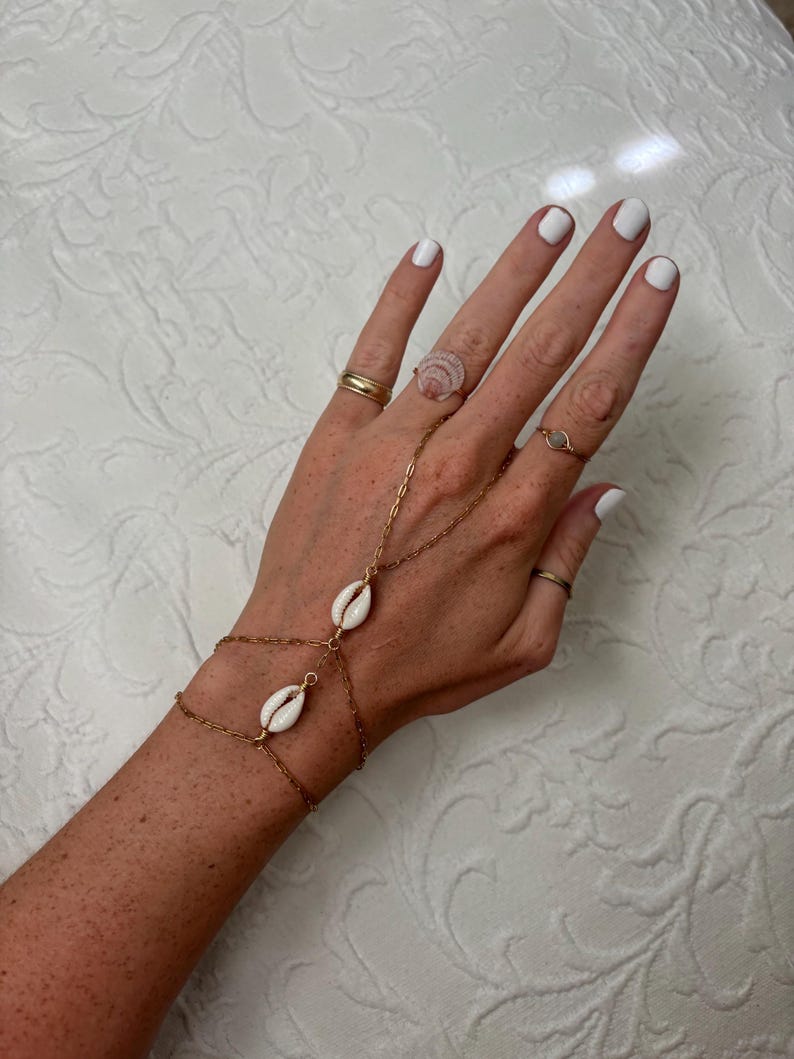 Cowrie Shell Hand Chain Bracelet | 18k Gold Plated Coastal Boho ...