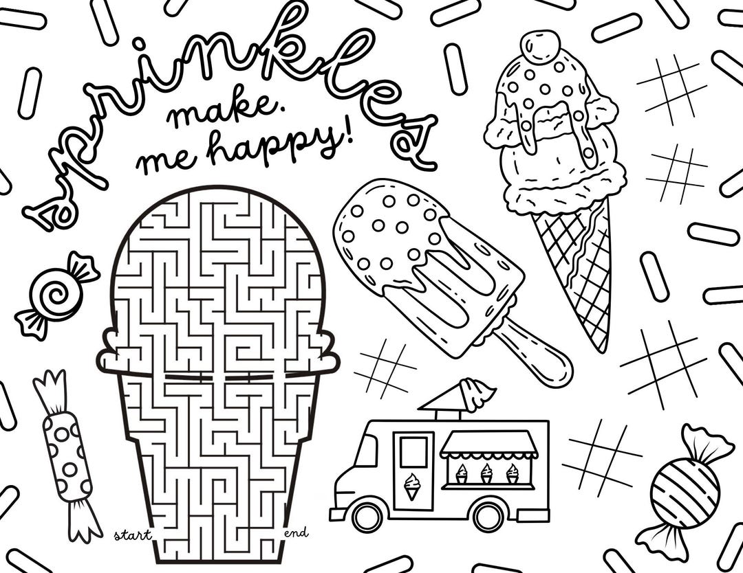 Ice Cream Activity Sheet: Printable Placemat, Maze, Coloring (PDF) - Etsy