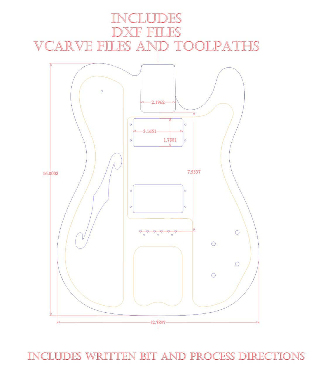 Thinline Style Telecaster Body, DXF File, Vcarve File, CNC, Guitar Body ...