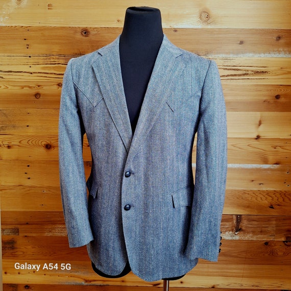 Blue Herringbone tweed western sport coat jacket by f… - Gem