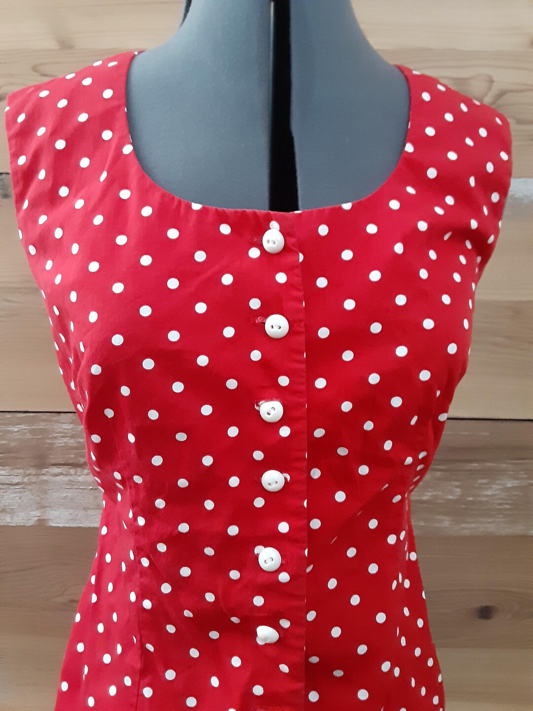 I Love Lucy Pinup Girl Bombshell Red W White Polka Dots Button up Women ...