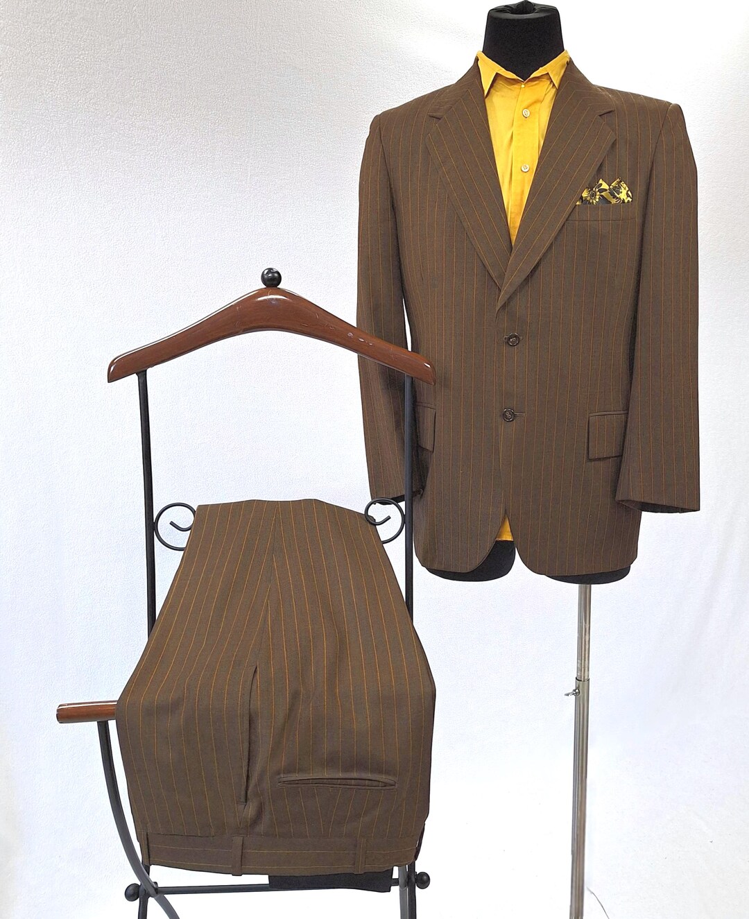 1972 Bespoke Wool Suit: Brown Pinstripe, Chalk Stripe, Wide Leg Mafia ...