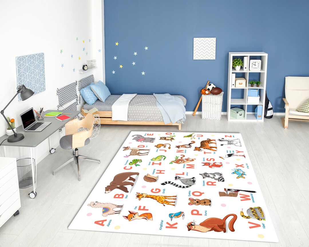 Cartoon Animals ABC Alphabet Printed Rug • Vibrant Printed Washable Non ...