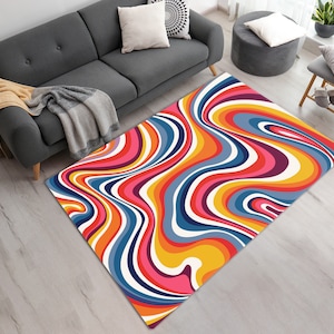Colorful Retro Swirl Printed Area Rug, Machine Washable Psychedelic ...