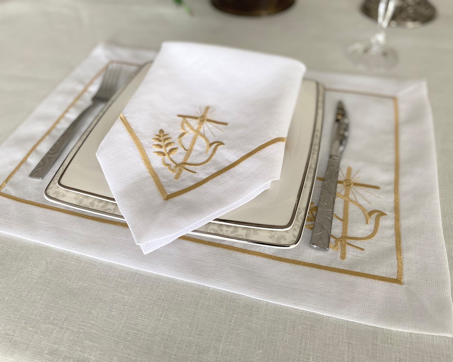 Cross With Dove Embroidered Dinner Napkins, Placemats and Runner Set - Etsy