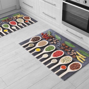 Vibrant Aromatic Spices on Wooden Spoons Printed Kitchen Area Rug ...