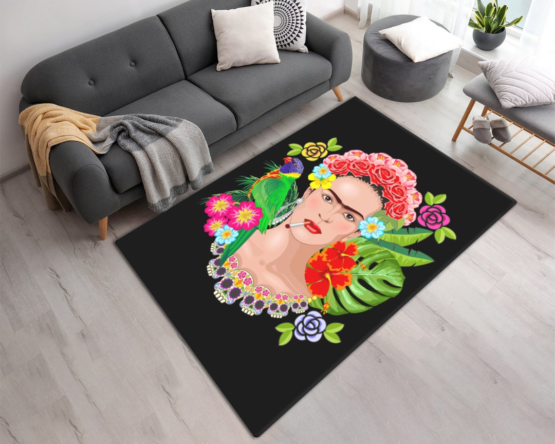 Vibrant Frida Kahlo Floral Exotic Portrait Printed Rug • Machine ...